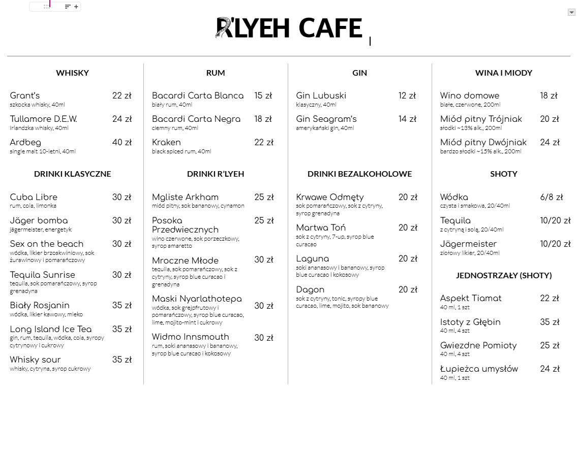 Menu - R'lyeh Cafe